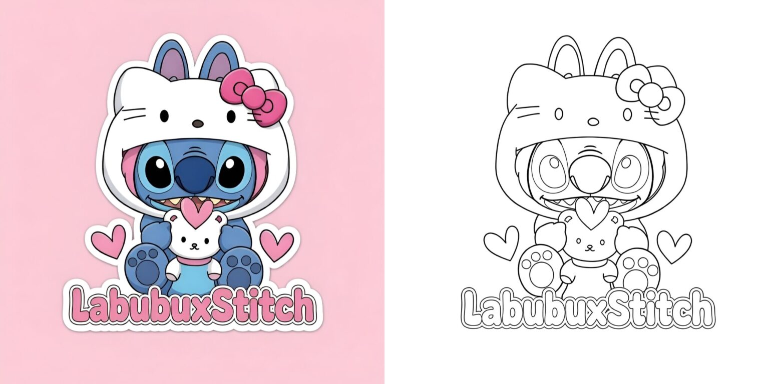 12 Labubu Stitch kleurplaat gratis printen